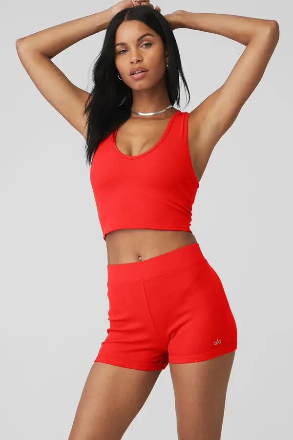 Alo Yoga Goddess Ribbed Cropped Racerback Tank Top - Red Hot